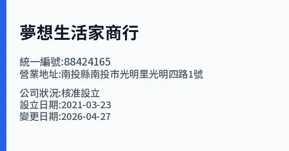 夢想生活家商行的照片-統編 88424165(南投縣) 公司登記資料與營業項目詳細圖表