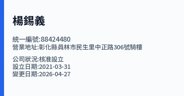 楊錫義的照片-統編 88424480(彰化縣) 公司登記資料與營業項目詳細圖表