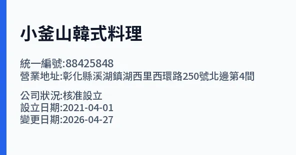 小釜山韓式料理的照片-統編 88425848(彰化縣) 公司登記資料與營業項目詳細圖表