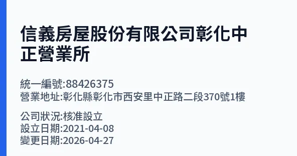 信義房屋股份有限公司彰化中正營業所的照片-統編 88426375(彰化縣) 公司登記資料與營業項目詳細圖表