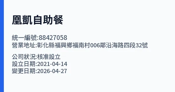 凰凱自助餐的照片-統編 88427058(彰化縣) 公司登記資料與營業項目詳細圖表
