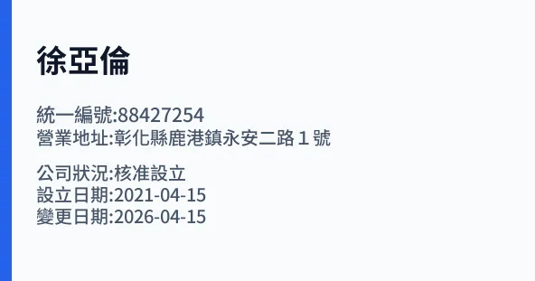 徐亞倫的照片-統編 88427254(彰化縣) 公司登記資料與營業項目詳細圖表