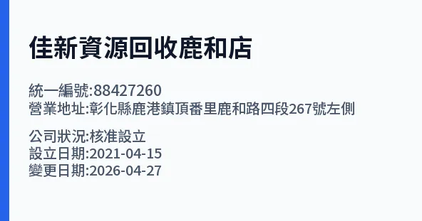 佳新資源回收鹿和店的照片-統編 88427260(彰化縣) 公司登記資料與營業項目詳細圖表