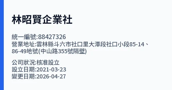 林昭賢企業社的照片-統編 88427326(雲林縣) 公司登記資料與營業項目詳細圖表