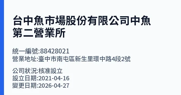 台中魚市場股份有限公司中魚第二營業所的照片-統編 88428021(臺中市) 公司登記資料與營業項目詳細圖表
