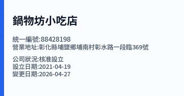 鍋物坊小吃店的照片-統編 88428198(彰化縣) 公司登記資料與營業項目詳細圖表
