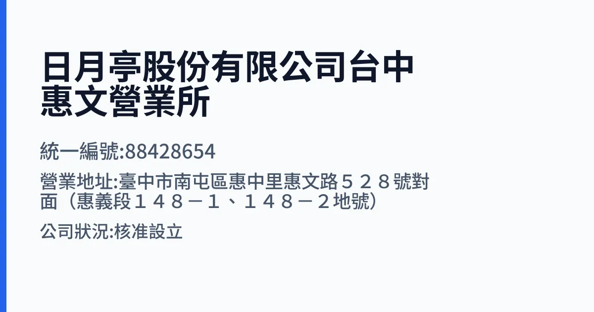 日月亭股份有限公司台中惠文營業所 - 統編 88428654(臺中市) 公司登記資料與營業項目詳細圖表