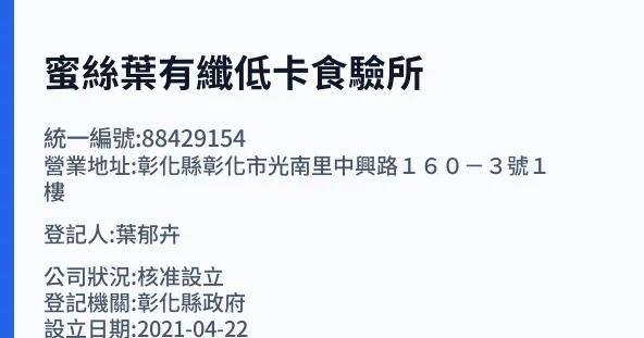 蜜絲葉有纖低卡食驗所的照片-統編 88429154(彰化縣) 公司登記資料與營業項目詳細圖表