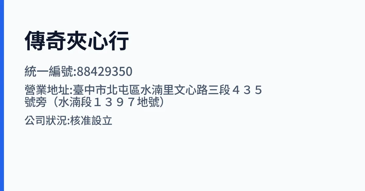 傳奇夾心行 - 統編 88429350(臺中市) 公司登記資料與營業項目詳細圖表