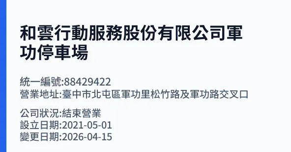 和雲行動服務股份有限公司軍功停車場的照片-統編 88429422(臺中市) 公司登記資料與營業項目詳細圖表