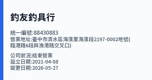 釣友釣具行的照片-統編 88430883(臺中市) 公司登記資料與營業項目詳細圖表