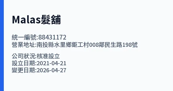 Malas髮舖的照片-統編 88431172(南投縣) 公司登記資料與營業項目詳細圖表