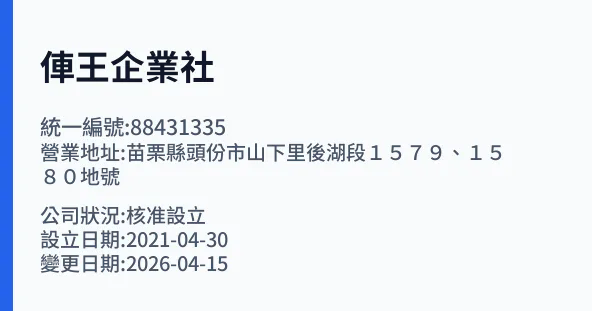 俥王企業社的照片-統編 88431335(苗栗縣) 公司登記資料與營業項目詳細圖表