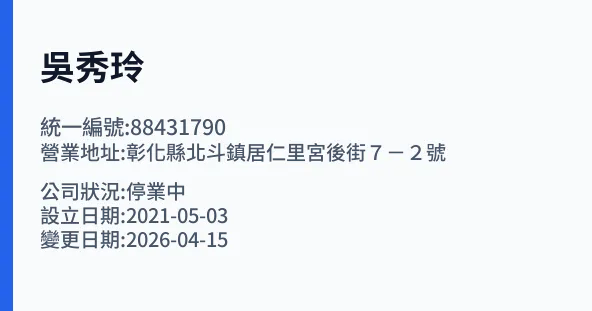 吳秀玲的照片-統編 88431790(彰化縣) 公司登記資料與營業項目詳細圖表