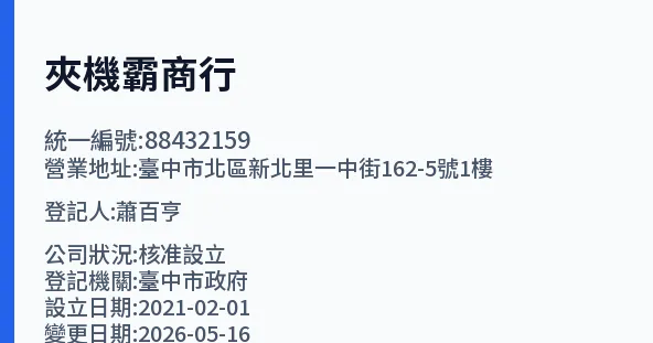 夾機霸商行的照片-統編 88432159(臺中市) 公司登記資料與營業項目詳細圖表