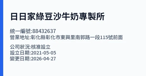 日日家綠豆沙牛奶專製所的照片-統編 88432637(彰化縣) 公司登記資料與營業項目詳細圖表