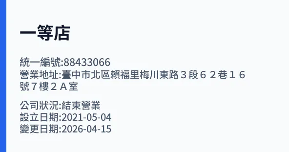一等店的照片-統編 88433066(臺中市) 公司登記資料與營業項目詳細圖表