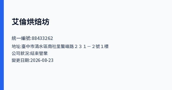 艾倫烘焙坊的照片-統編 88433262(臺中市) 公司登記資料與營業項目詳細圖表