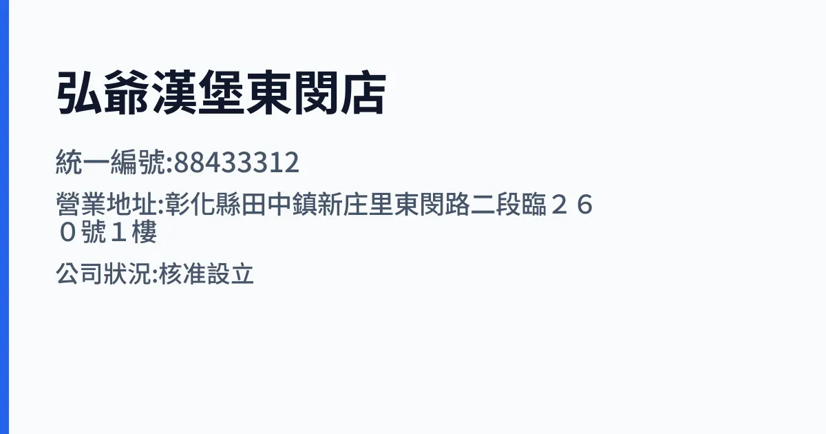 弘爺漢堡東閔店 - 統編 88433312(彰化縣) 公司登記資料與營業項目詳細圖表