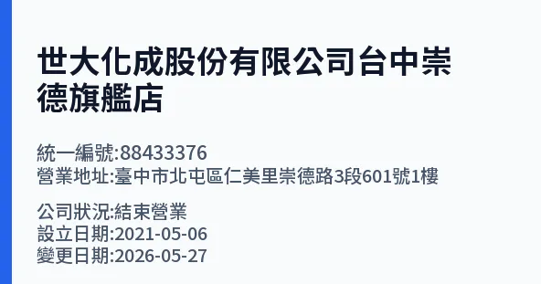 世大化成股份有限公司台中崇德旗艦店的照片-統編 88433376(臺中市) 公司登記資料與營業項目詳細圖表