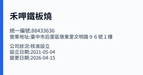 禾呷鐵板燒的照片-統編 88433636(臺中市) 公司登記資料與營業項目詳細圖表