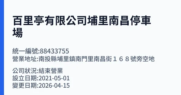 百里亭有限公司埔里南昌停車場的照片-統編 88433755(南投縣) 公司登記資料與營業項目詳細圖表