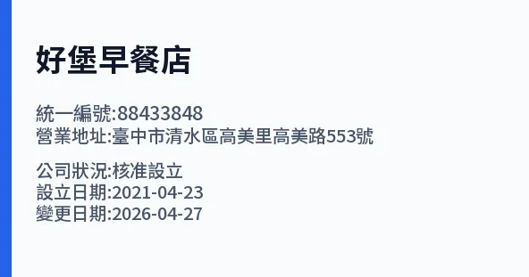 好堡早餐店的照片-統編 88433848(臺中市) 公司登記資料與營業項目詳細圖表
