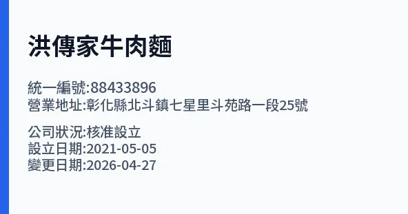 洪傳家牛肉麵的照片-統編 88433896(彰化縣) 公司登記資料與營業項目詳細圖表