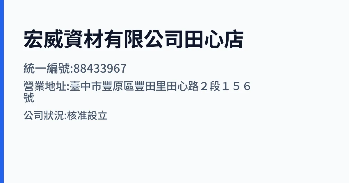 宏威資材有限公司田心店 - 統編 88433967(臺中市) 公司登記資料與營業項目詳細圖表