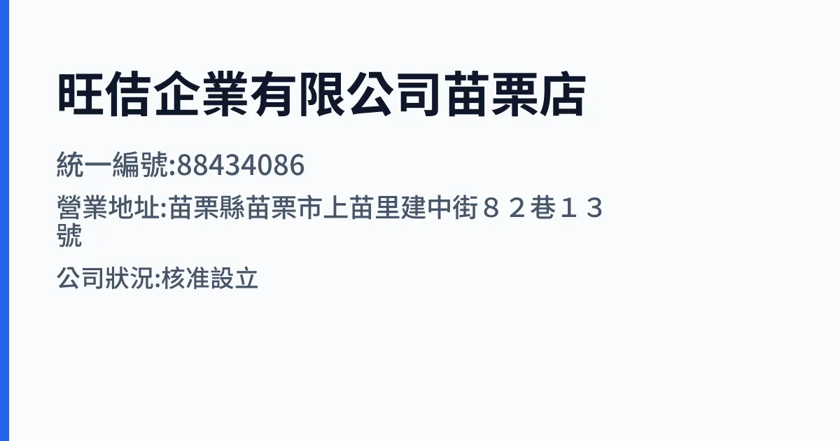 旺佶企業有限公司苗栗店 - 統編 88434086(苗栗縣) 公司登記資料與營業項目詳細圖表