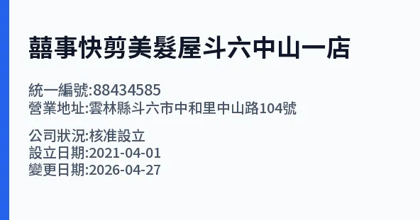 囍事快剪美髮屋斗六中山一店的照片-統編 88434585(雲林縣) 公司登記資料與營業項目詳細圖表