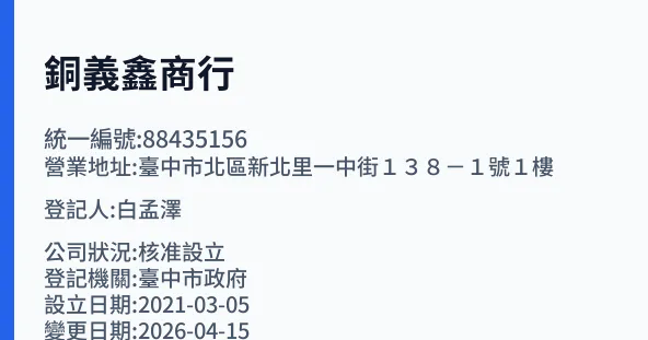 銅義鑫商行的照片-統編 88435156(臺中市) 公司登記資料與營業項目詳細圖表