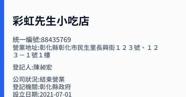 彩虹先生小吃店的照片-統編 88435769(彰化縣) 公司登記資料與營業項目詳細圖表