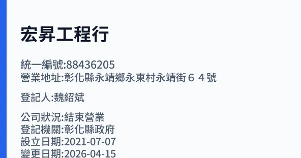 宏昇工程行的照片-統編 88436205(彰化縣) 公司登記資料與營業項目詳細圖表