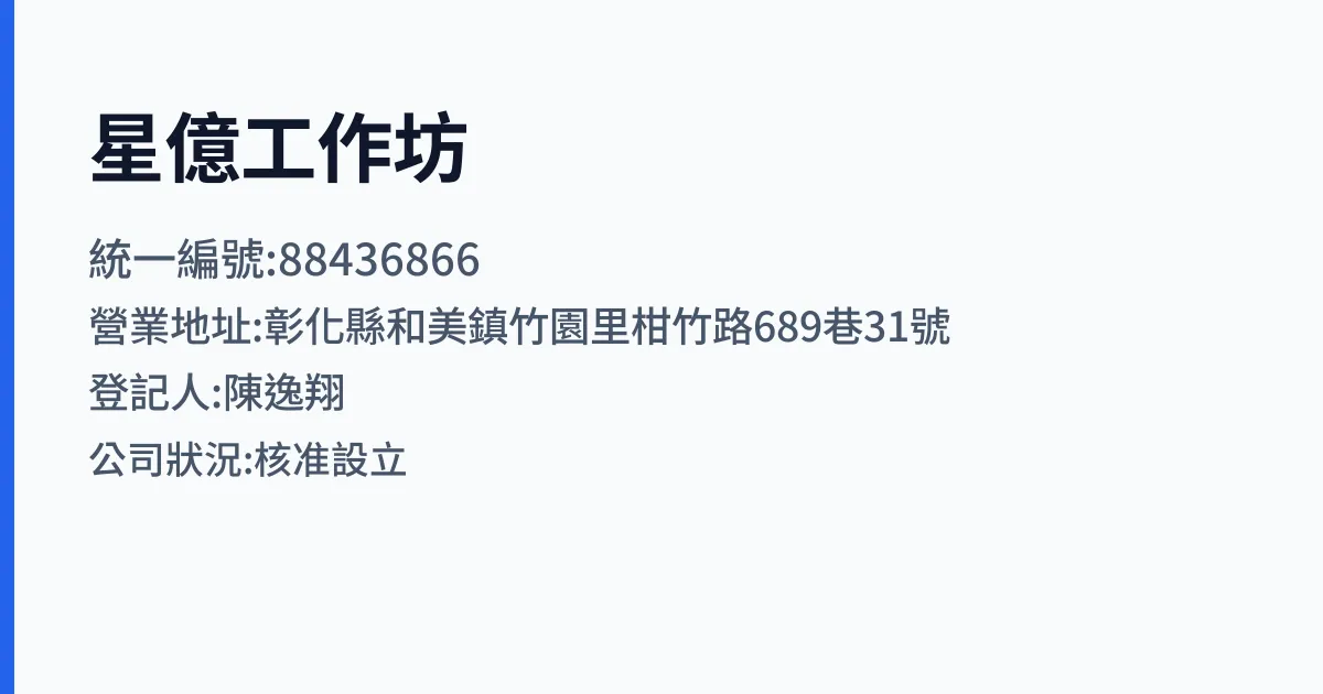星億工作坊 - 統編 88436866(彰化縣) 公司登記資料與營業項目詳細圖表