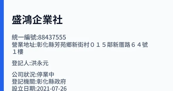 盛鴻企業社的照片-統編 88437555(彰化縣) 公司登記資料與營業項目詳細圖表
