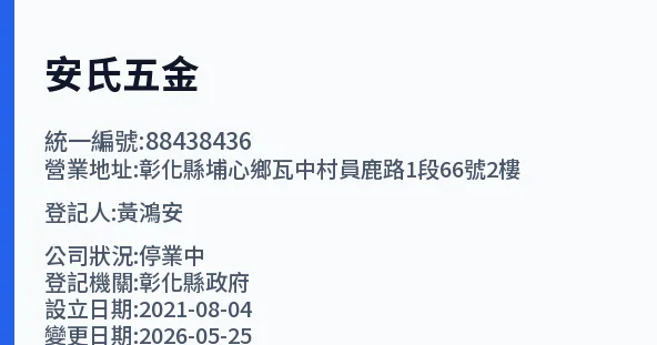 安氏五金的照片-統編 88438436(彰化縣) 公司登記資料與營業項目詳細圖表