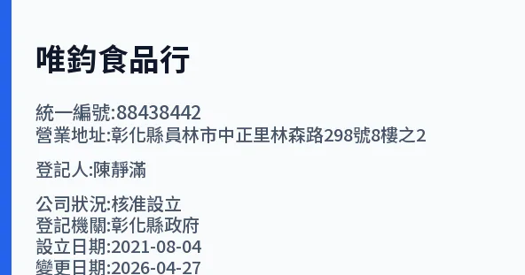 唯鈞食品行的照片-統編 88438442(彰化縣) 公司登記資料與營業項目詳細圖表