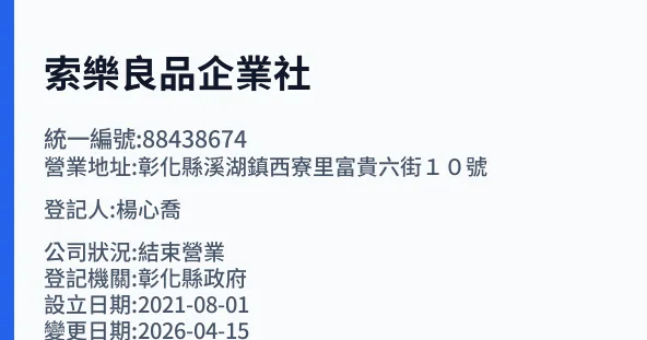 索樂良品企業社的照片-統編 88438674(彰化縣) 公司登記資料與營業項目詳細圖表