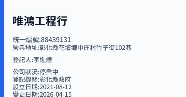 唯鴻工程行的照片-統編 88439131(彰化縣) 公司登記資料與營業項目詳細圖表