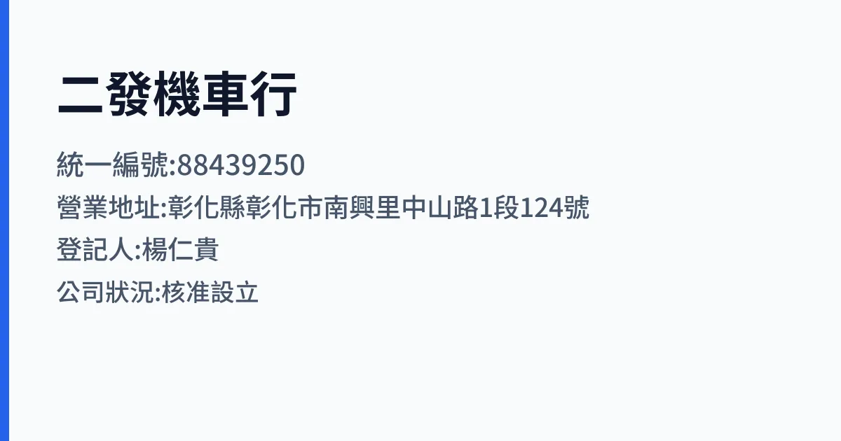 二發機車行 - 統編 88439250(彰化縣) 公司登記資料與營業項目詳細圖表