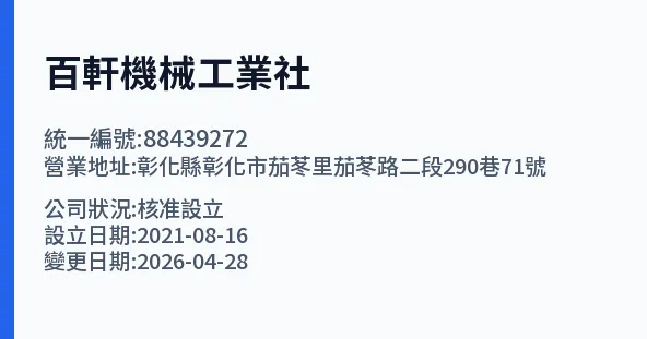 百軒機械工業社的照片-統編 88439272(彰化縣) 公司登記資料與營業項目詳細圖表