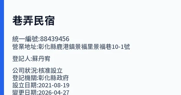 巷弄民宿的照片-統編 88439456(彰化縣) 公司登記資料與營業項目詳細圖表
