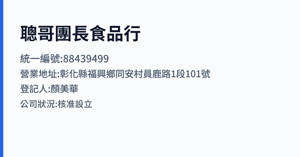 聰哥團長食品行 - 統編 88439499(彰化縣) 公司登記資料與營業項目詳細圖表