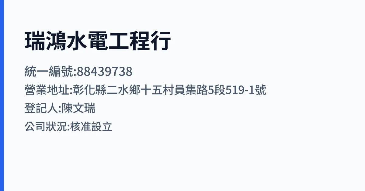 瑞鴻水電工程行 - 統編 88439738(彰化縣) 公司登記資料與營業項目詳細圖表