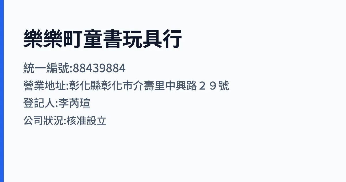 樂樂町童書玩具行 - 統編 88439884(彰化縣) 公司登記資料與營業項目詳細圖表
