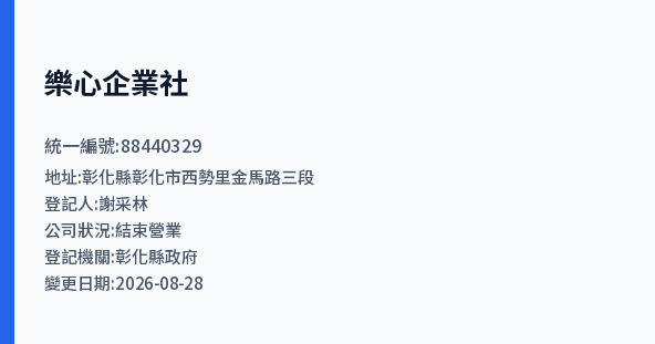 樂心企業社的照片-統編 88440329(彰化縣) 公司登記資料與營業項目詳細圖表