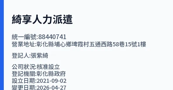 綺享人力派遣的照片-統編 88440741(彰化縣) 公司登記資料與營業項目詳細圖表