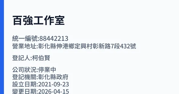 百強工作室的照片-統編 88442213(彰化縣) 公司登記資料與營業項目詳細圖表