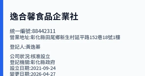 逸合馨食品企業社的照片-統編 88442311(彰化縣) 公司登記資料與營業項目詳細圖表